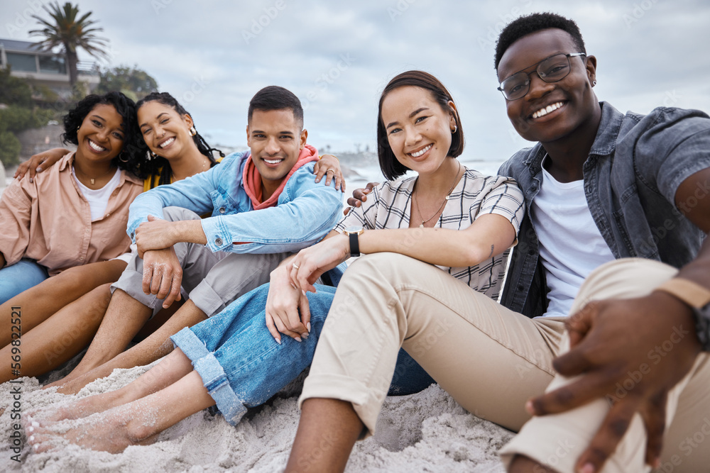 Friends, group and portrait at beach, sand and outdoor nature for fun ...