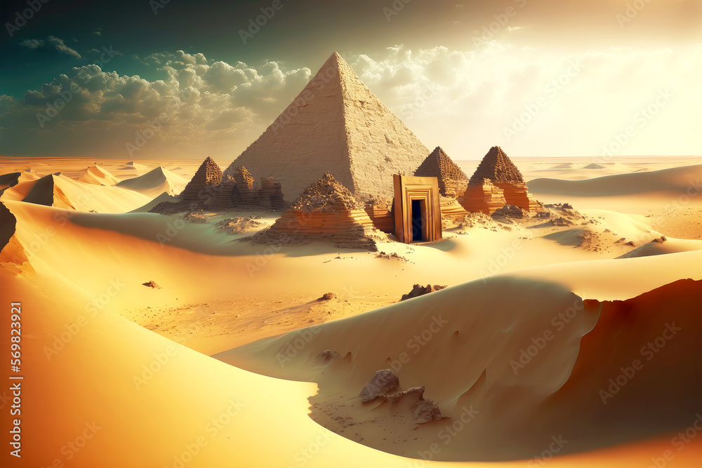 endless sand dunes and tomb of pharaoh in egyptian pyramids Stock ...