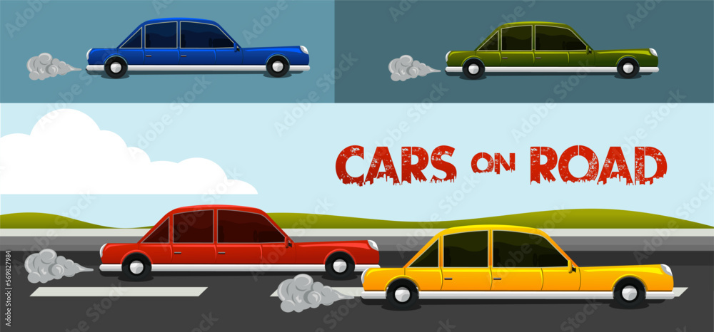 1990s Cartoon car vector with different color options and car smoke ...