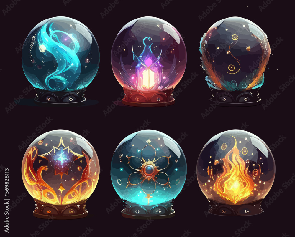 Vecteur Stock Magic crystal balls, fantasy energy spheres with light ...
