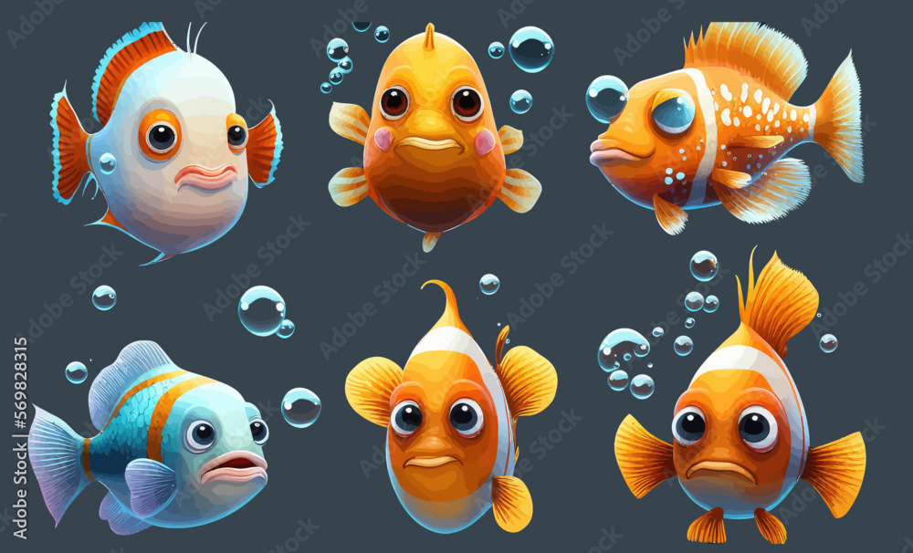 Set of cute vector cartoon fish for aquarium. A beautiful template for ...