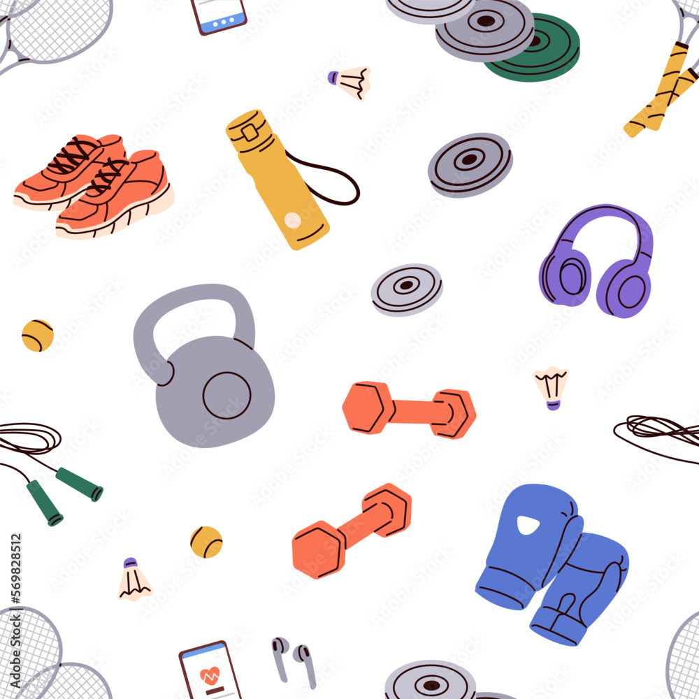 Seamless sport pattern with gym, fitness equipment. Background, texture ...