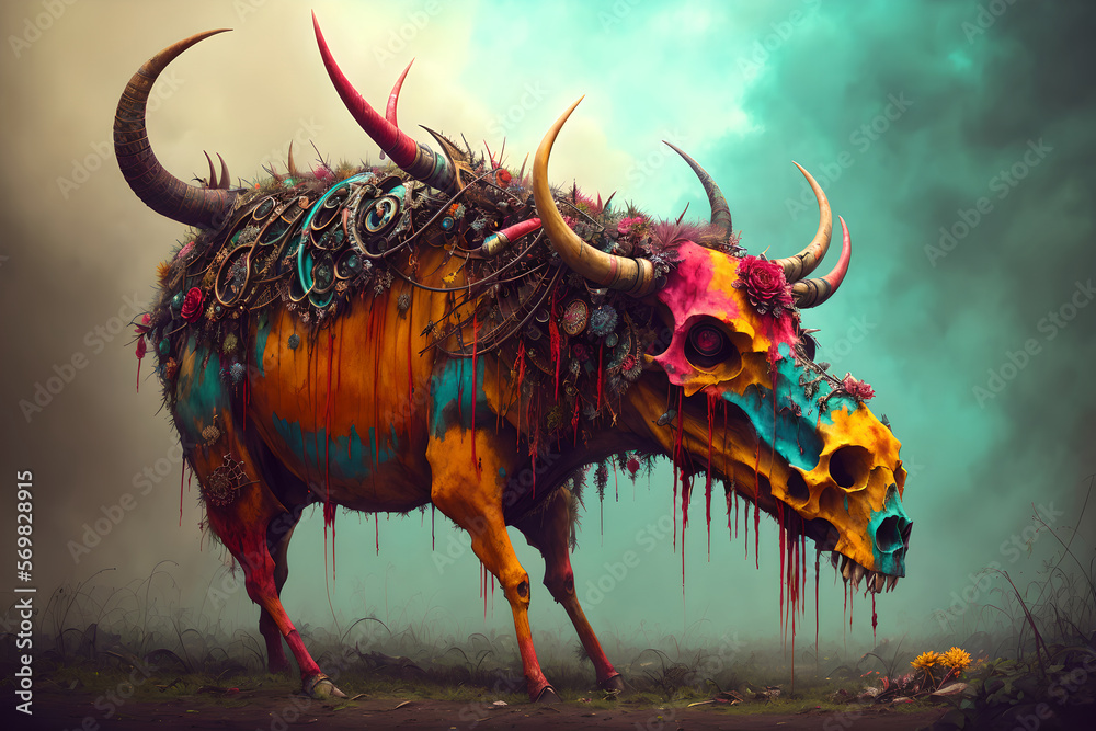 Hellish monster with fangs and horns, rotted flesh, empty eye sockets ...