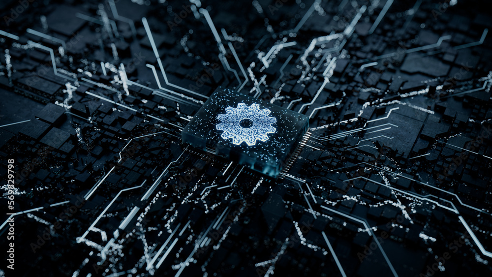 Configure Technology Concept with cog symbol on a Microchip. Data flows ...