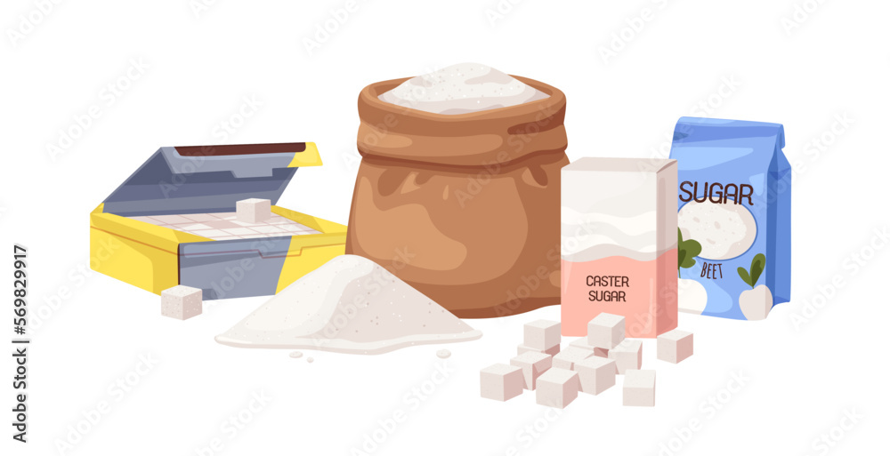 Beet granulated, refined and caster sugar packed in different packages ...
