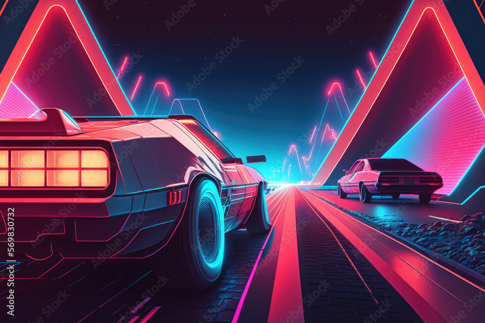 high-speed world of retro futurism, where neon lights illuminate the ...