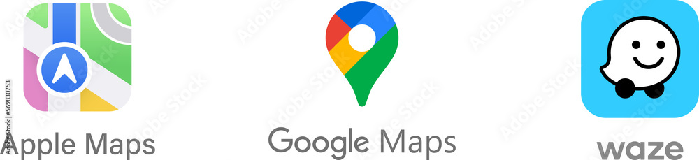 Collection of popular gps app: Apple maps, google maps, waze. Editorial ...