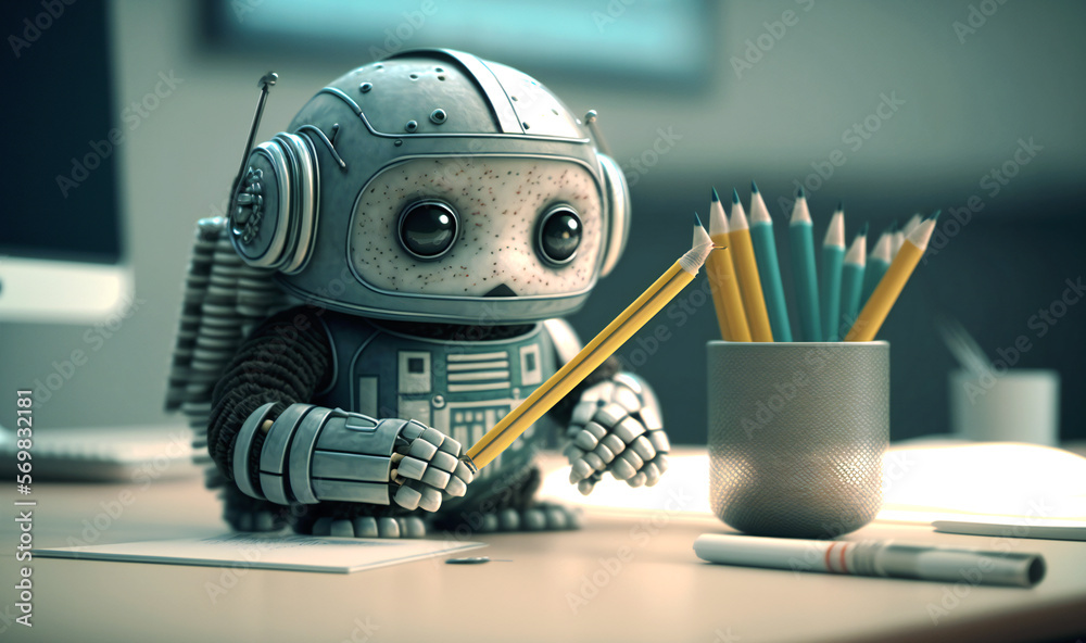 cute robot concentrating at computer desk, holding pencil and writing ...