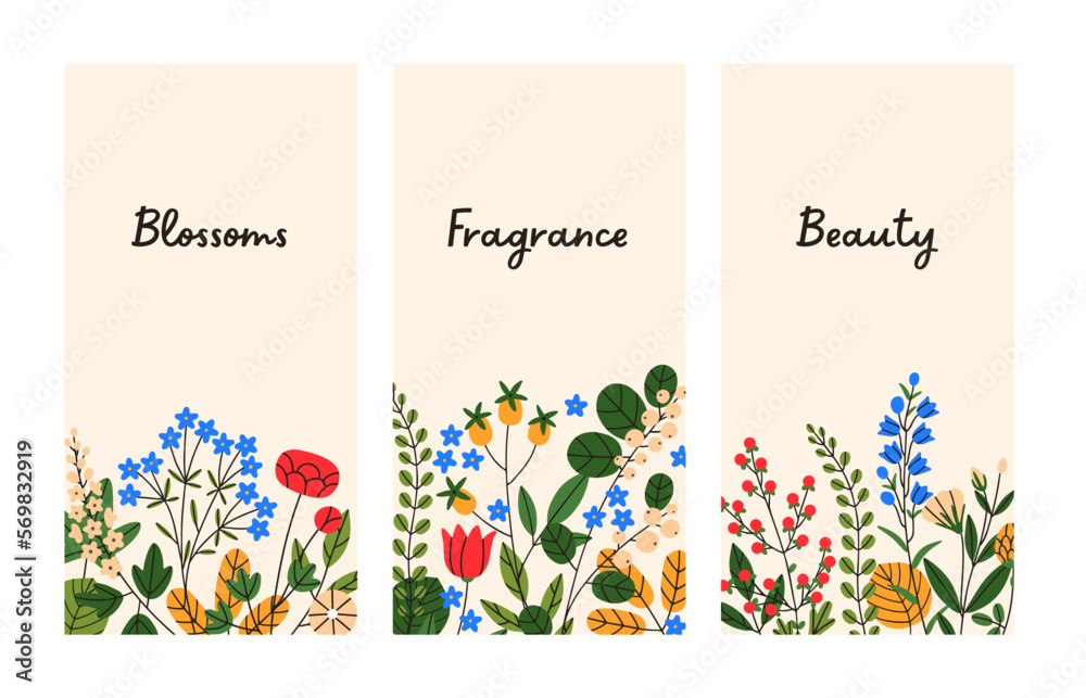 Nature cards with spring flowers. Floral botanical background designs ...