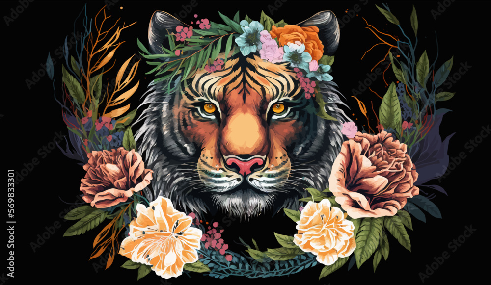 tiger head in colorful flower wreath vector illustration on black ...