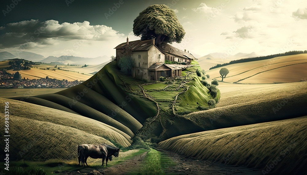 Rolling countryside dotted with farms and homesteads. Illustration ...