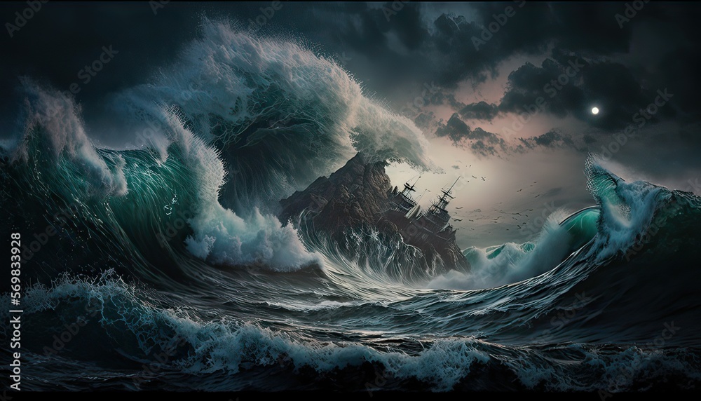 Tempestuous ocean with towering waves and churning currents ...