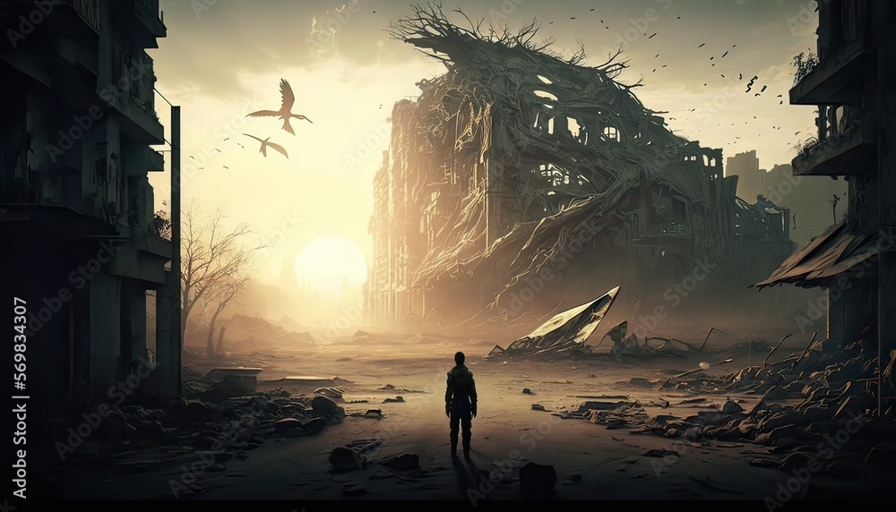 Brave warrior battling against a horde of zombies. The environment is a ...