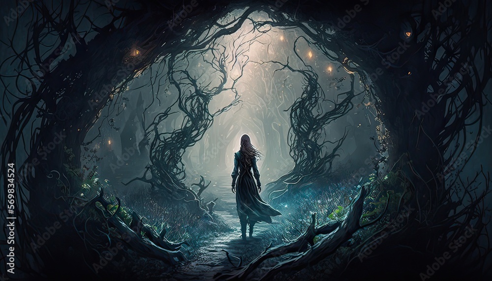 Evil enchantress trapping a prince in a spell. The landscape is a dense ...