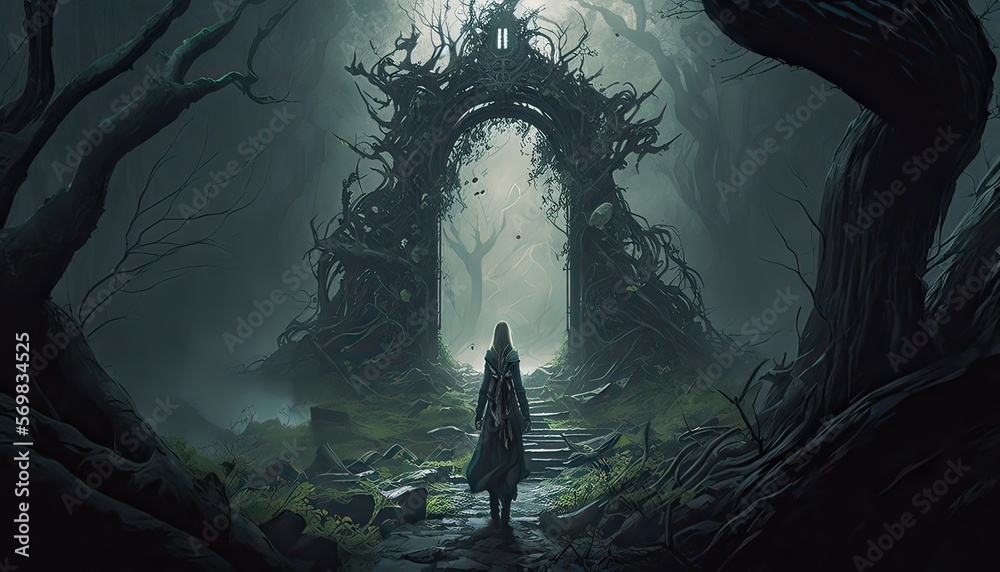 Evil enchantress trapping a prince in a spell. The landscape is a dense ...