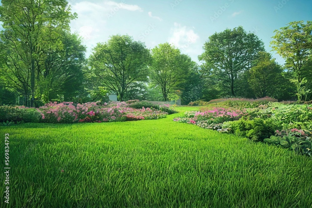 A Beautiful Nature View Of Green Grass Plants Trees And Flowers