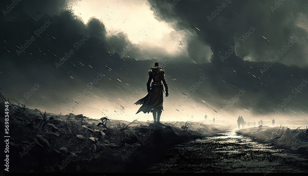 Mighty hero fighting against a horde of monsters. The landscape is a ...