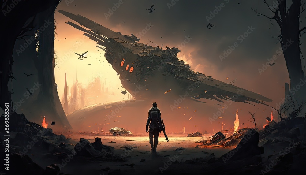 Orc warlord leading his horde into battle. The environment is a vast ...