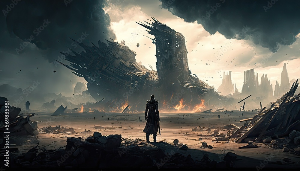 Orc warlord leading his horde into battle. The environment is a vast ...