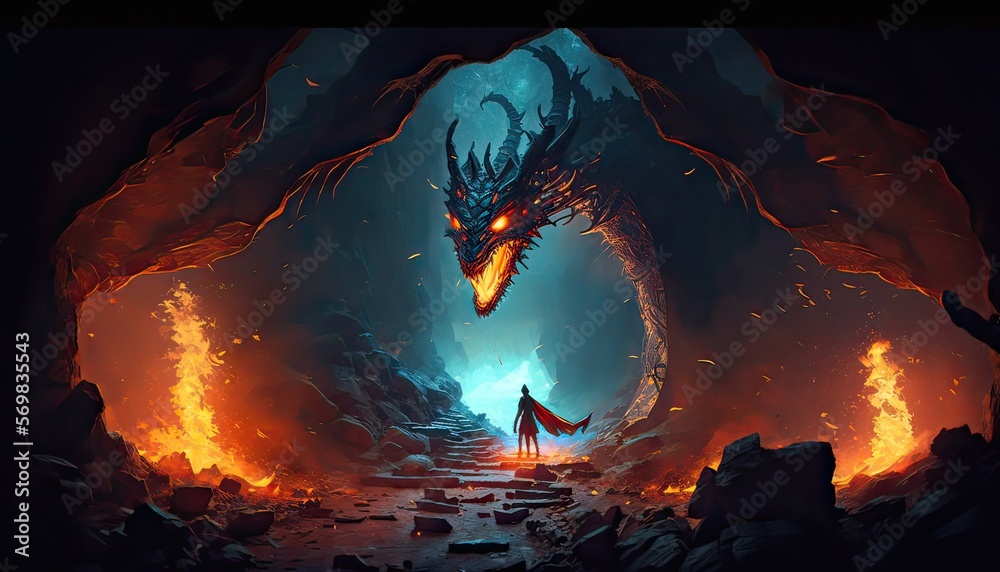 Brave knight rescuing a fair maiden from a dragon's lair. A deep and ...