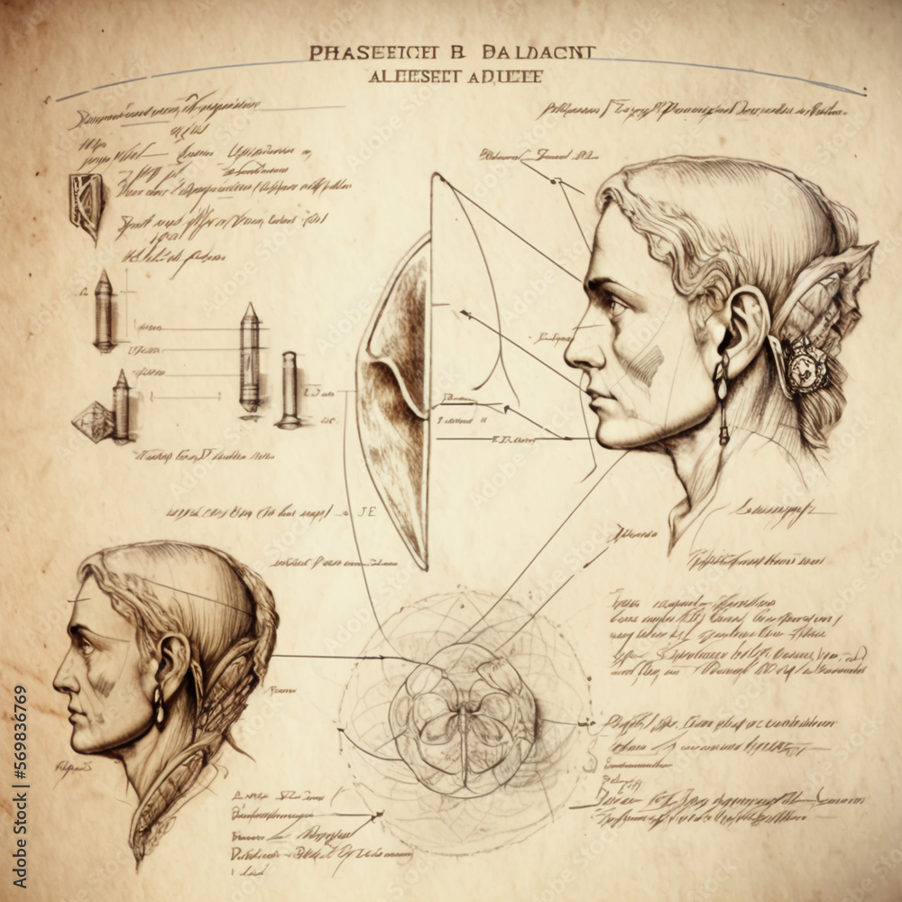 fact sheet on human ear, Davinci style, pen sketch, details Stock ...