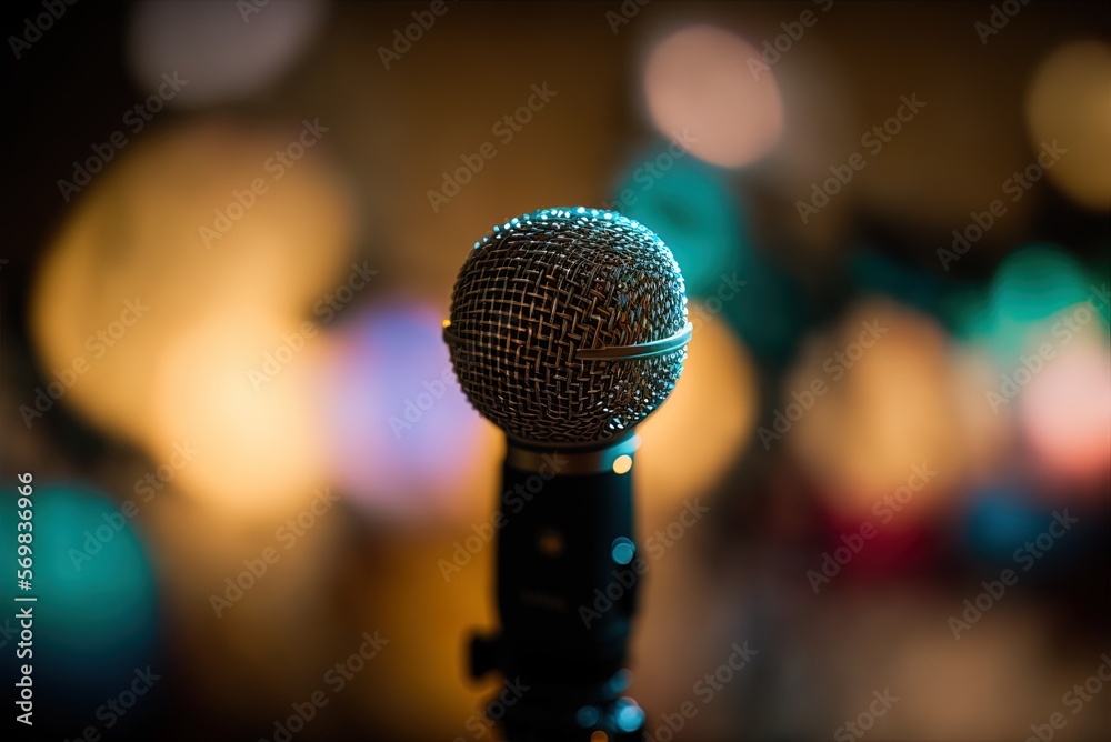 Image shows a microphone up close on a stage with lights shining in the ...