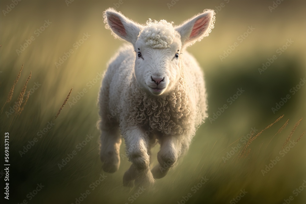 the lamb is captured in close-up as it runs through the field ...