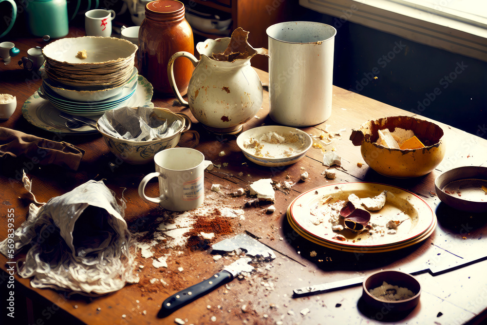 kitchen mess due to broken cups, dirty plates and food leftovers on ...