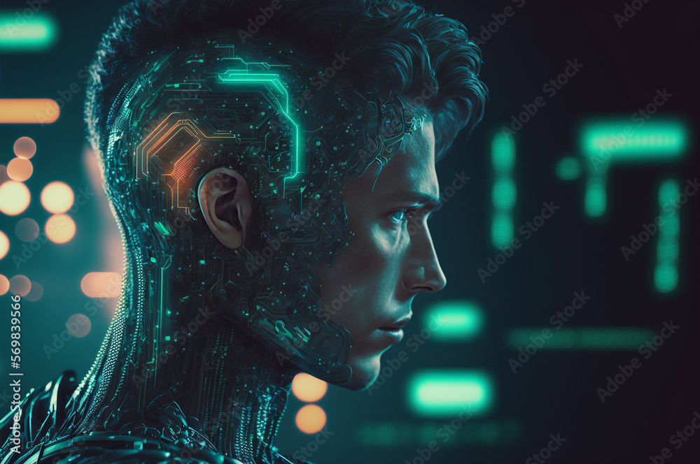 Young man with electronic circuits. Artificial intelligence concept ...