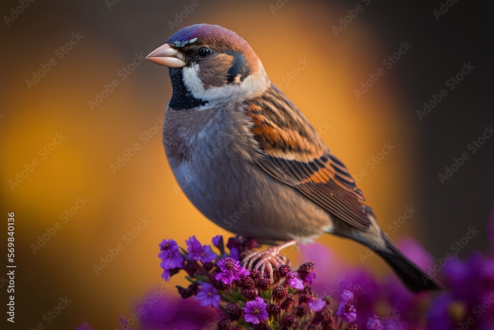 Bird's-eye view of a house sparrow sitting on a flower with purple ...