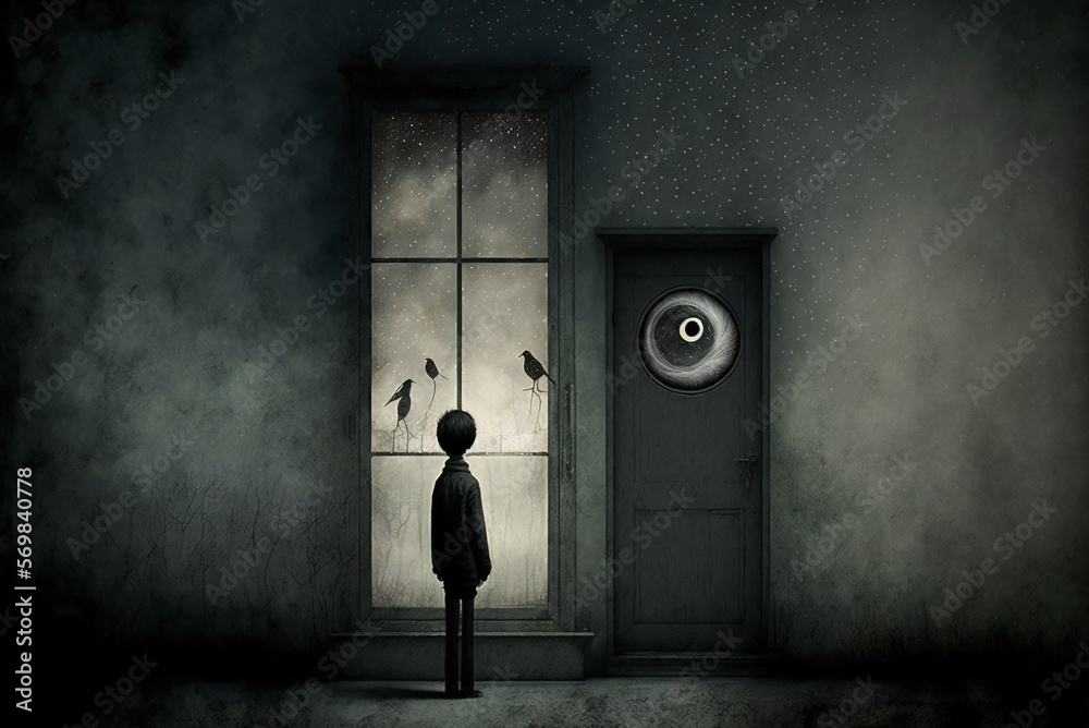 Surreal and bizarre painting of a child looking at a tall window ...