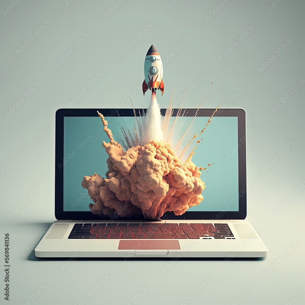 Rocket pouring out of a laptop screen on a turquoise background ...