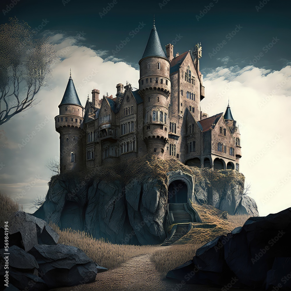 Castle on a rock with an underground passage. Fantasy, rocky terrain ...