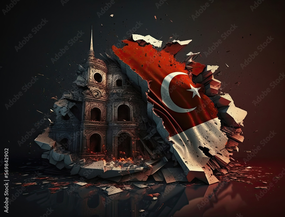 Ruined by earthquake Turkish building with national Turkey flag on ...