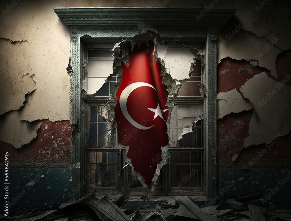Earthquake in Turkish building, ruined window opening with national ...