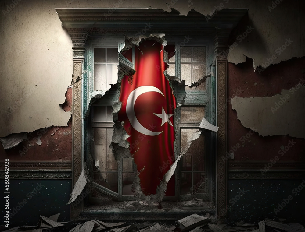 Earthquake in Turkish building, ruined window opening with national ...