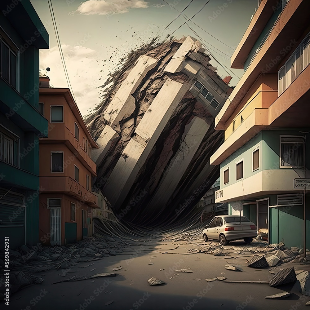 Collapsing quarter as a result of an earthquake. Cataclysm, high-rise ...