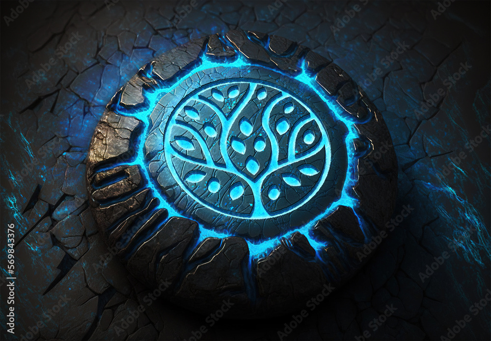 Blue Glowing Logo Carved on a Dark Pedestral Stone Mockup Stock ...