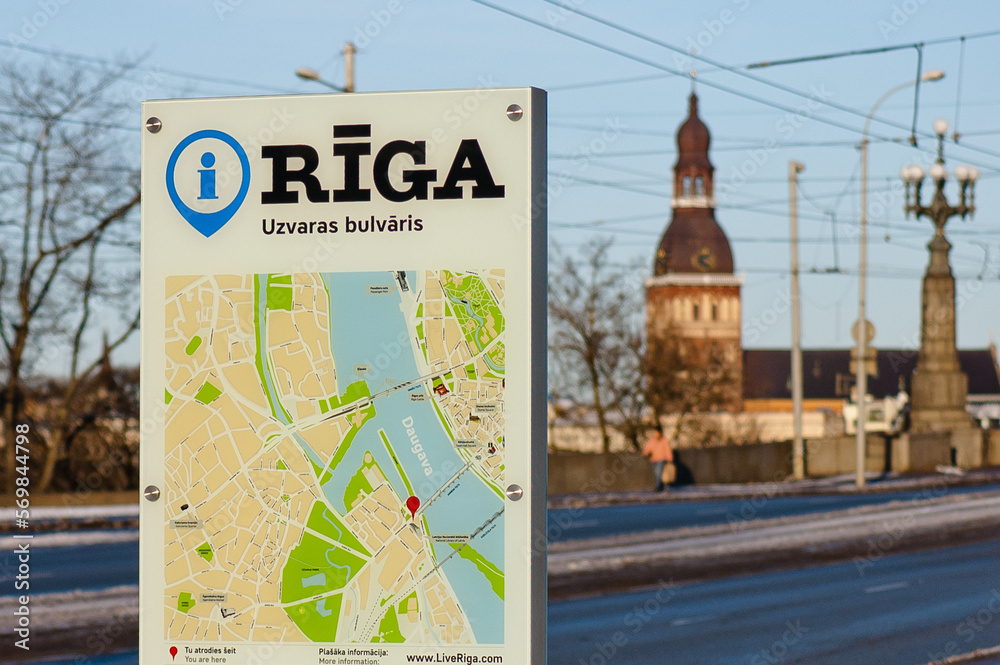 riga, latvia, january 21, 2023: information board with a map of the ...