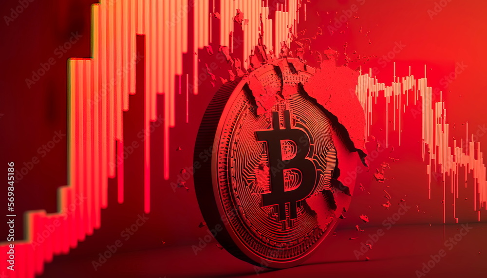 Bitcoin price crash in front of a red abstract virtual background ...