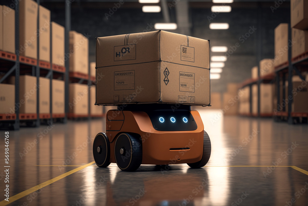 Robot delivery man in the warehouse with boxes, technology to simplify ...