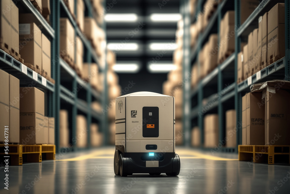 Robot delivery man in the warehouse with boxes, technology to simplify ...