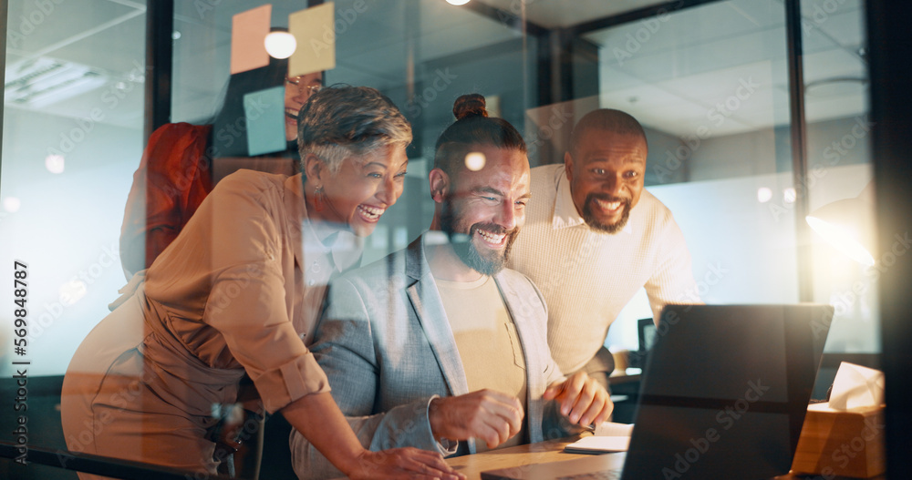 Collaboration, success and a business team cheering together in their ...