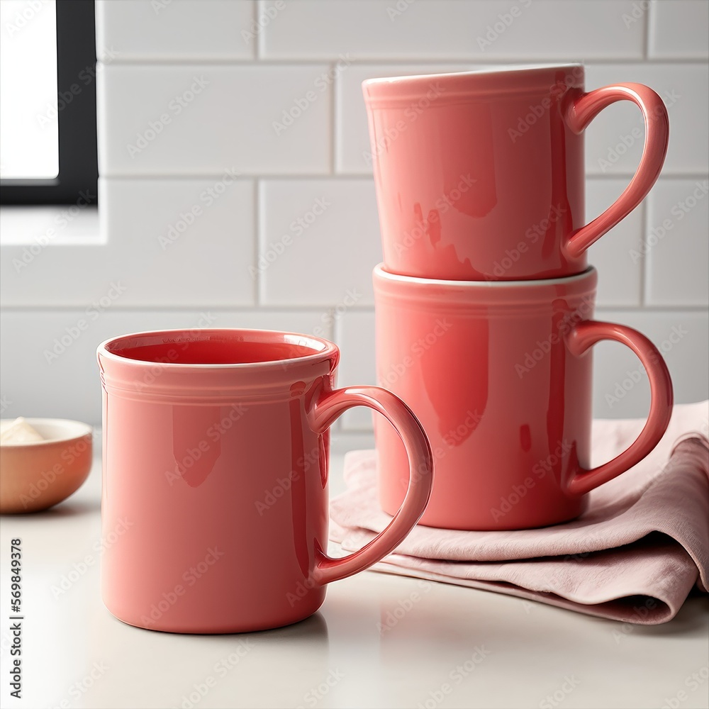 A pink mug on the white counter in the kitchen and two pink mugs ...