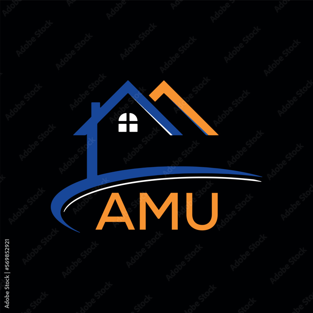 AMU house logo, letter logo. AMU blue image on black background and ...