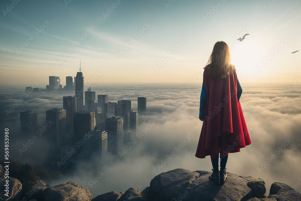 Child super hero in red cape in the city. Generative AI Stock ...