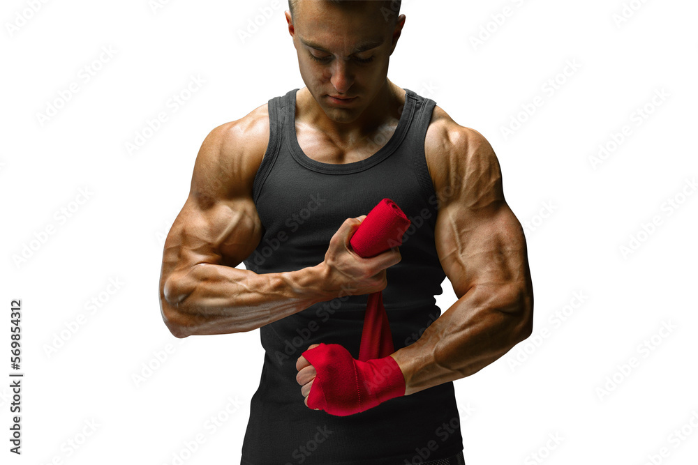 Strong man wrap hands. Man is wrapping hands with red boxing wraps ...