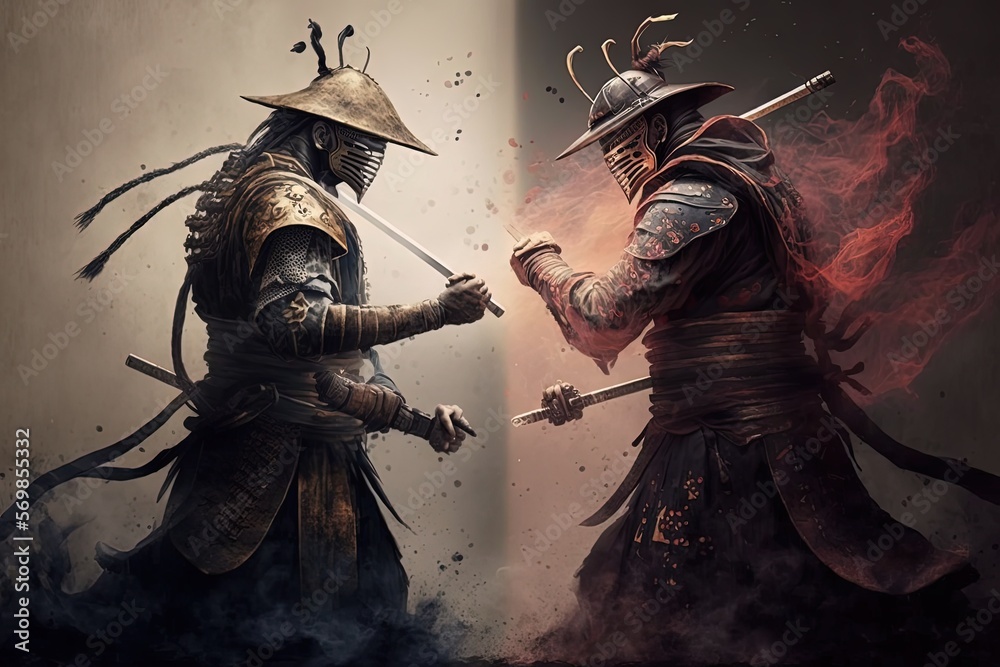 Duel of two samurai on a gray background. Swordsmen, middle ages ...