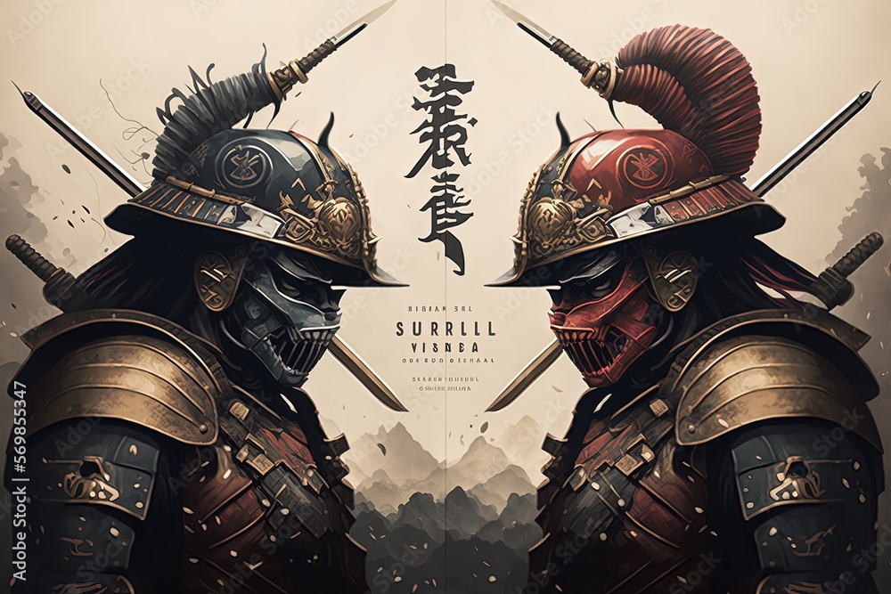 Two samurai stand face to face, against a gray background. Swordsmen ...