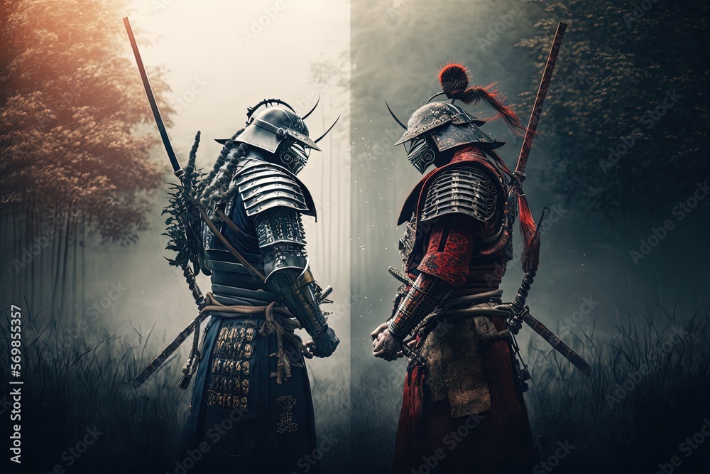 Duel of two samurai against the backdrop of the forest. Swordsmen ...